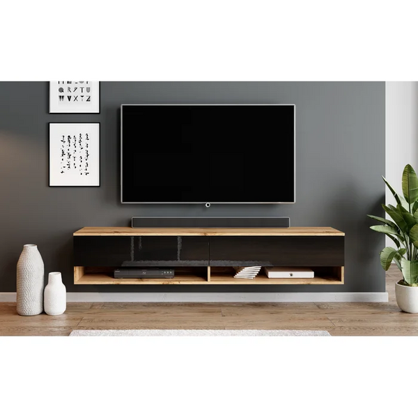 Wannea Floating TV Unit for TVs up to 75" - Wotan Oak & Black Gloss ...