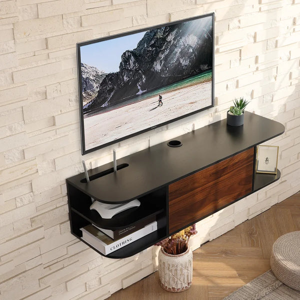 Weir Floating TV Unit for TVs up to 55" - Black & Wood Grain | Floating ...
